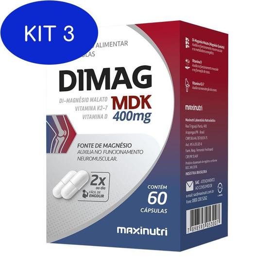 Kit 3 Dimag Mdk Di-Magnésio Malato Vit D3 E K2-7 60 Cáps Maxinutri - Multivitamínico ...