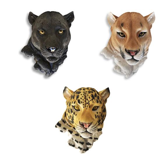 Kit 3 Esculturas De Onça Pintada Parda e Pantera Extremamente Realista ...