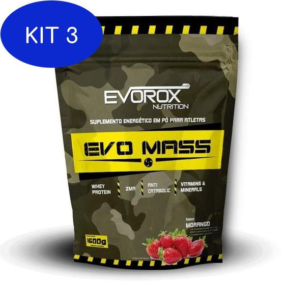 Kit 3 Evo Mass 1.6Kg - Evorox Nutrition Morango - Hipercalórico / Massa ...