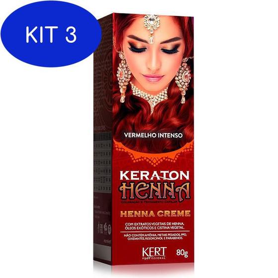 Kit 3 Keraton Henna Creme Kert Vermelho Intenso - Tinta de Cabelo ...
