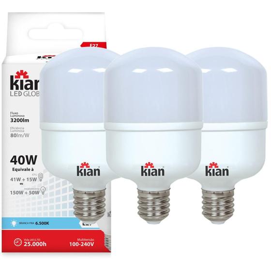 Kit 3 Lâmpadas Led Bulbo 40W Bivolt Alta Potencia Branca Fria 6500k Para Casa e Comércio - KIAN ...