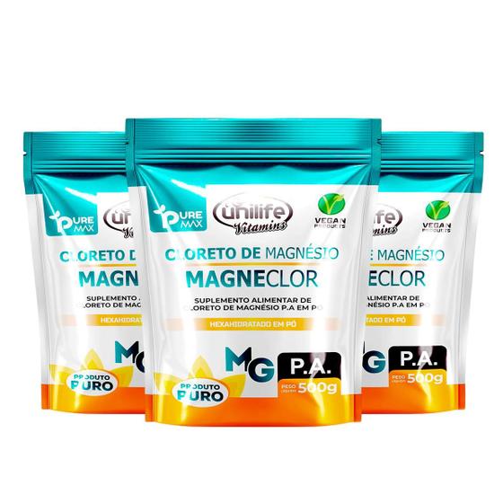 Kit 3 Magneclor Cloreto de Magnésio P.A Unilife 500g - Cloreto de Magnésio / Magnésio Dimalato ...