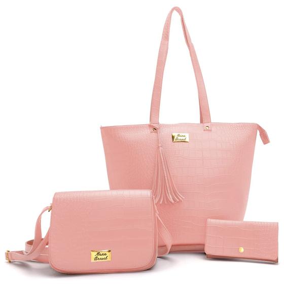Kit 3 peças com Bolsa Sacola, Bolsa Baú e Necessaire cor Rosa - Manu ...