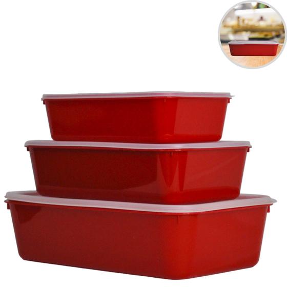 Kit 3 Potes com Tampa Retangular de Plástico Tamanhos Variados Vermelho ...