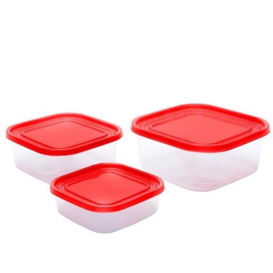 Kit 3 Potes plástico quadrado c/ tampa vermelha 0,45-1,05-1,75L ...