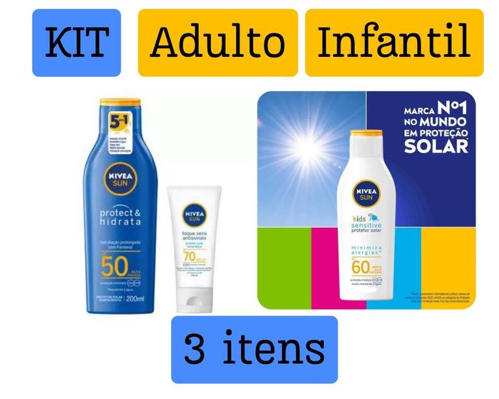 Kit 3 Protetor Solar Nivea adulto e infantil 30FPS 200ML + Adulto 70FPS ...