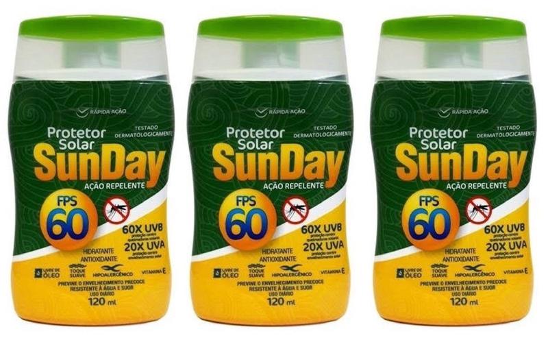 Kit 3 Protetor Solar SunDay Fator 60 Ação Repelente 120ml Toque Seco ...