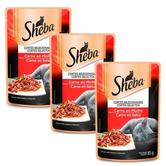 Kit 3 Ração Úmida para Gatos Sheba Adulto Sabor Carne ao Molho em Sachê ...