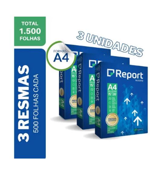 Kit 3 Resma Papel A4 Sulfite Premium 75g 500 Folhas Report - Papel ...