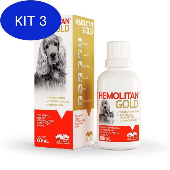 Kit 3 Suplemento Vitamínico Hemolitan Gold 60Ml - Vetnil - Vitaminas e ...