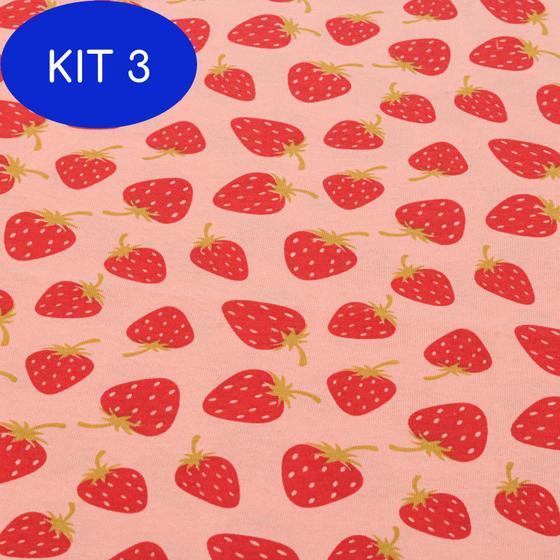 Kit 3 Tecido Malha De Algodão Estampada Morangos 100% Algodão Rosa ...