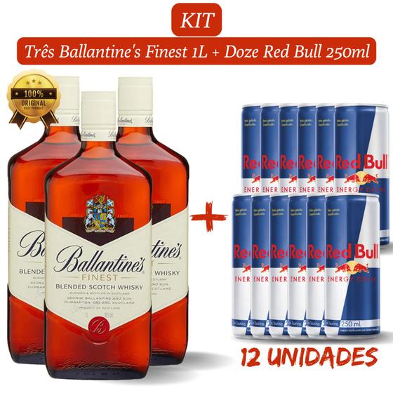 Kit 3 Whisky Balantine's Finest 1.000ml com 12 unidades de Energético ...