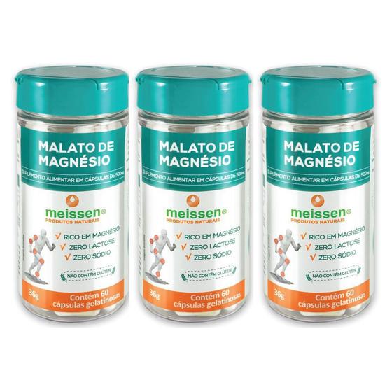 Kit 3 X Malato De Magnésio 60 Cápsulas 500Mg Meissen - Cloreto de Magnésio / Magnésio Dimalato ...