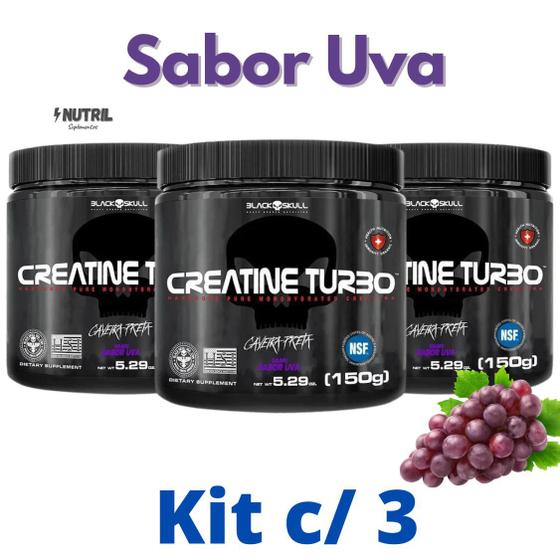 Kit 3x Creatina Monohidratada Creatine Turbo Black Skull 150g Energia