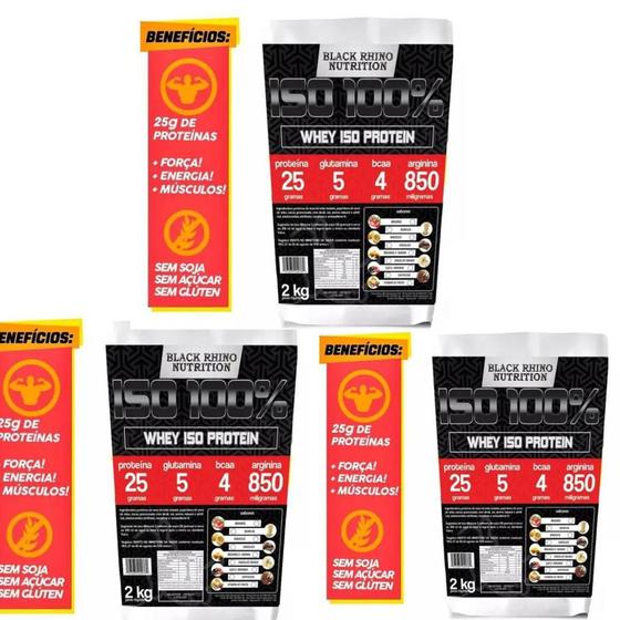 Kit 3x Whey Protein 2kg Isolado - Zero Gluten Zero Lactose - BLACK ...