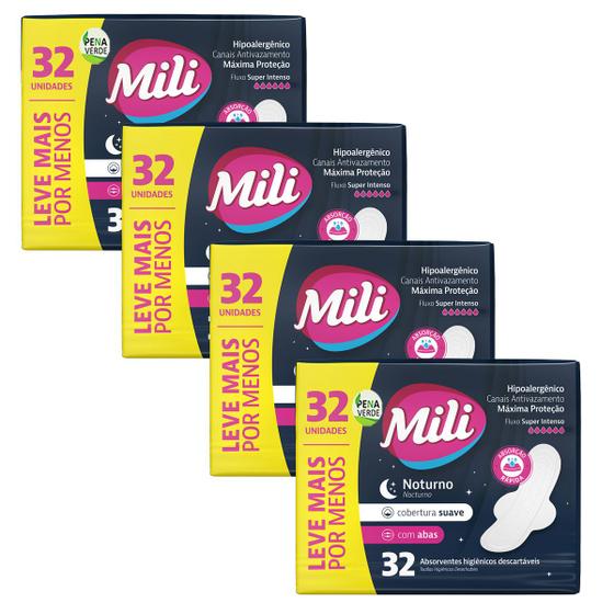 Kit 4 Absorvente Pacote 32 Unidades Noturno Mili Suave Com Abas ...