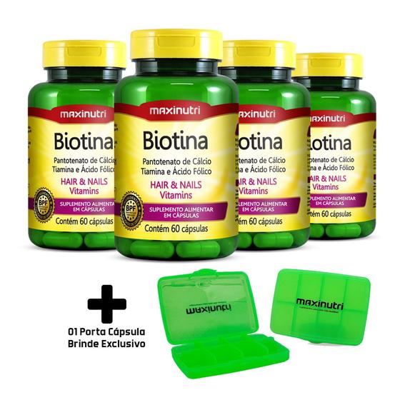 Kit 4 Biotina + Porta Cápsula Saúde Pele Unhas Cabelos 60 Caps Maxinutri - Biotina - Magazine Luiza