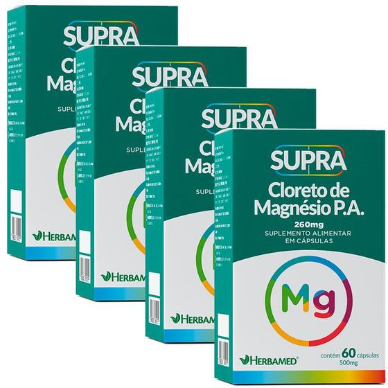 Kit 4 Cloreto de Magnésio P.A. 60 Cápsulas Herbamed - Cloreto de Magnésio / Magnésio Dimalato ...