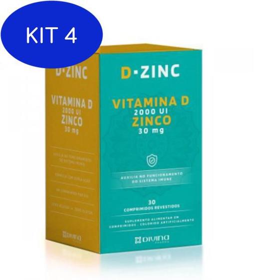 Kit 4 D-Zinc Vitamina D + Zinco Divina Pharma 30 Comprimidos - Vitaminas A-Z - Magazine Luiza