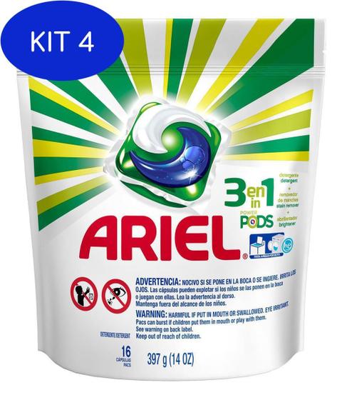 Kit 4 Detergente Lava Roupas Ariel 3 Em 1 Pods - 16 Cápsulas - Sabão ...