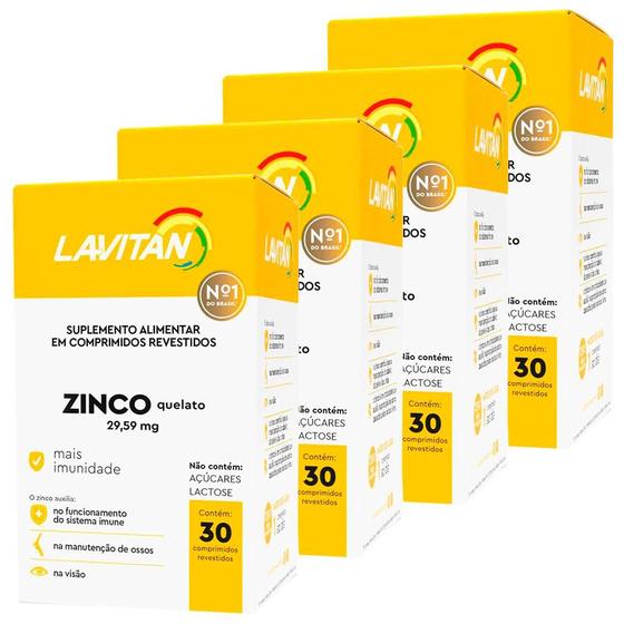 Kit 4 Lavitan Zinco Quelato 29,59mg 30 Comprimidos - Cimed - Zinco ...