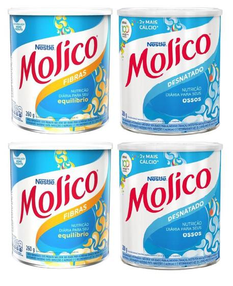 KIt 4 Leite Molico Em Pó Fibras + Desnatado Nestlé Lata 260g - Composto ...