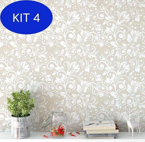 Kit 4 Papel De Parede Floral Cinza Com Detalhes Em Branco - Decore Papéis De Parede - Papel de ...