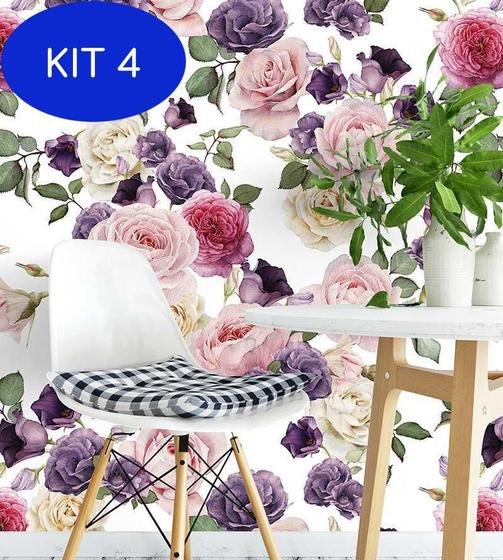 Kit 4 Papel De Parede Floral Fundo Branco Flores Rosa E Roxo - Papel E ...