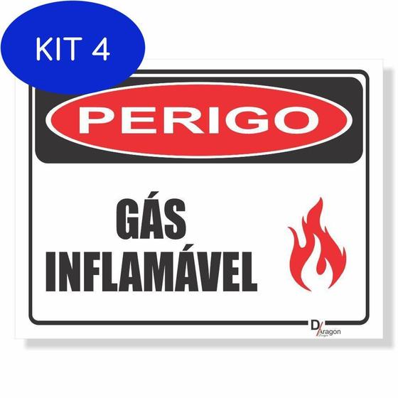 Kit 4 Placa De Sinalização Perigo Gás Inflamável - Ps1Mm 20X27Cm - D ...