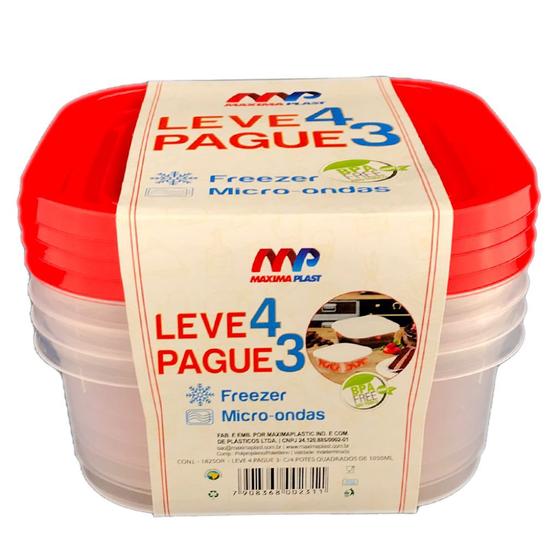 Kit 4 Pote Quadrado Plástico 1050ml Transparente com Tampa Colorida Fundo Jateado Livre de BPA ...