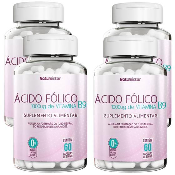 Kit 4 Potes Ácido Fólico Ativo 240 Cápsulas Gestante 1000ug Vitamina B9 ...