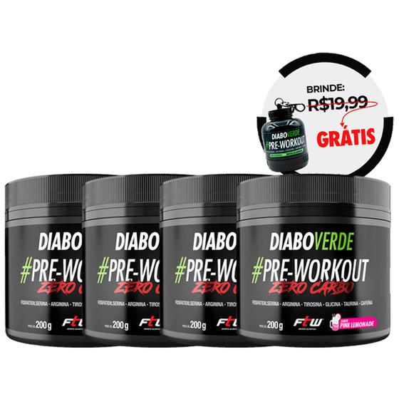 Kit 4 Pré Treino Diabo Verde Pré 200g Zero Carbo + Whey Container Porta ...
