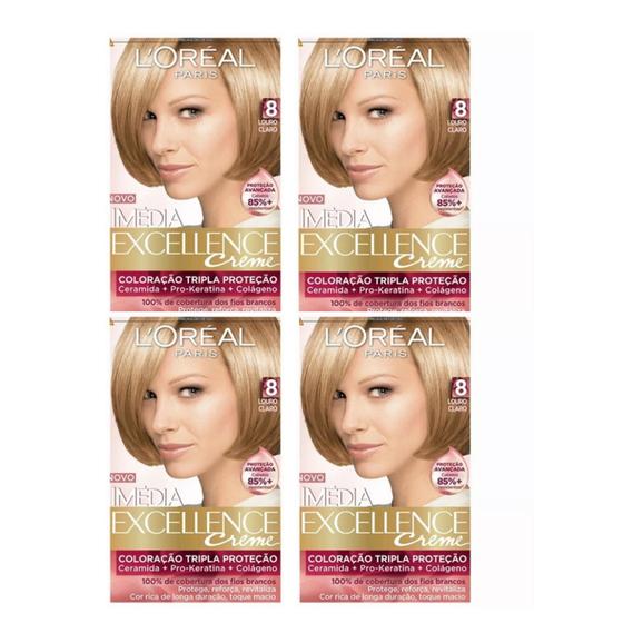 Kit 4 Tinta de Cabelo Imédia Excellence L'oreal 8 Louro Claro - L'Oréal ...