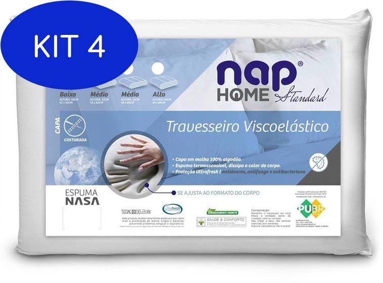 Kit 4 Travesseiro Nasa Nap Perfil Baixo 10Cm Capa Algodão ...