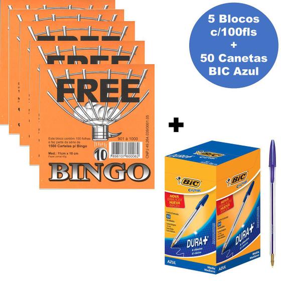 Kit 5 Blocos Cartela Jogo Bingo 100fls + 50 Canetas BIC Azul - Free ...