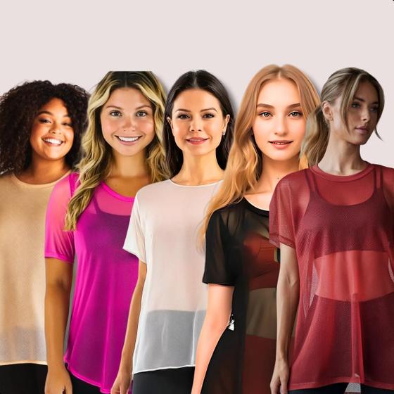 Kit 5 Blusa Tule Feminina Academia Transparente Lisa Treino Fitness ...