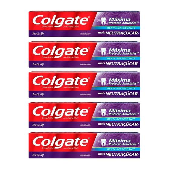 Kit 5 Creme Dental Colgate Máxima Proteção Cáries Neutraçúcar 70g Cada ...