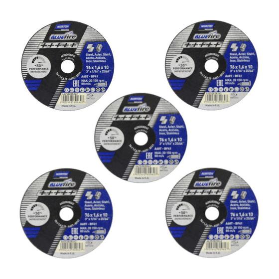 Kit 5 Discos de Corte para Aço inox 3'' x 1.6mm X 10mm BLUE FIRE NORTON ...