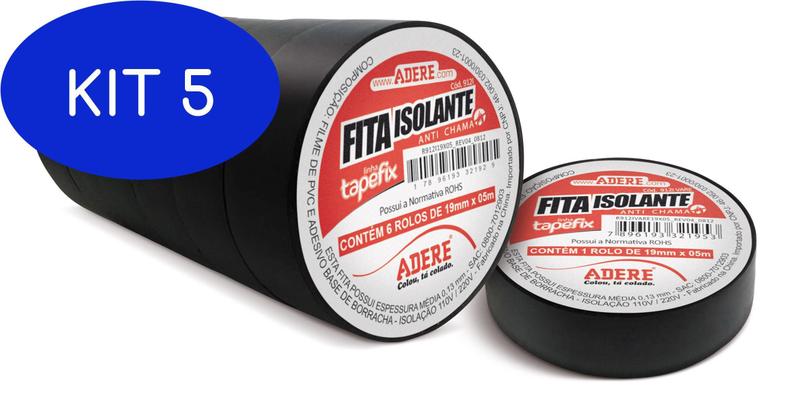 Kit 5 Fita Isolante Preta 19mm x 20 mts - Pacote com 6 Unid. - Adere ...