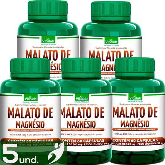 Kit 5 Malato de Magnésio Vitalab 500Mg 60 Cápsulas - Cloreto de Magnésio / Magnésio Dimalato ...
