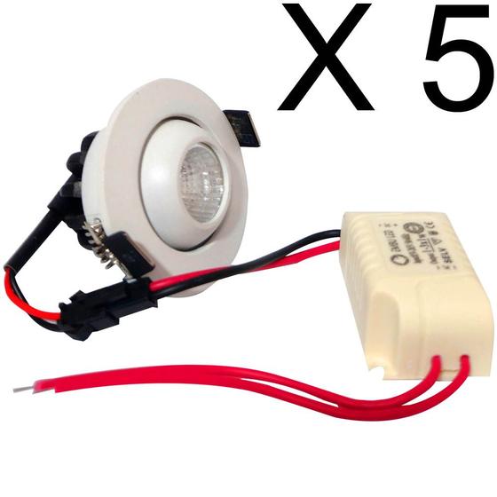 KIT 5 MINI SPOT LED REDONDO DIRECIONAVEL EMBUTIR 3W BRANCO QUENTE 3000k ...
