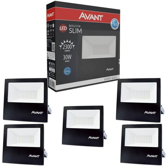Kit 5 Refletor Led Holofote Avant 30W Luz Branco Frio 2250 Lúmens Slim30 Resist Chuva IP65 ...