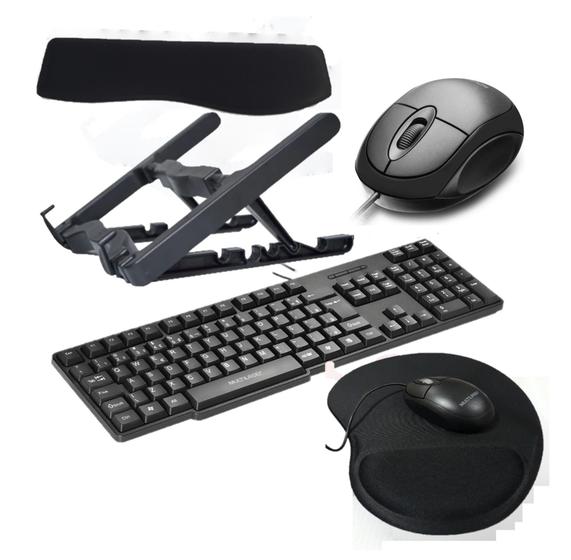 KIT 5peças-Suporte/Teclado e Mouse com fio/Apoio de Pulso/Mouse Pad ...