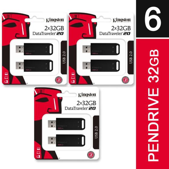 Kit 6 Pendrive Pen Drive 32GB Kingston Datatraveler 20 - DT20 USB 2.0 P ...