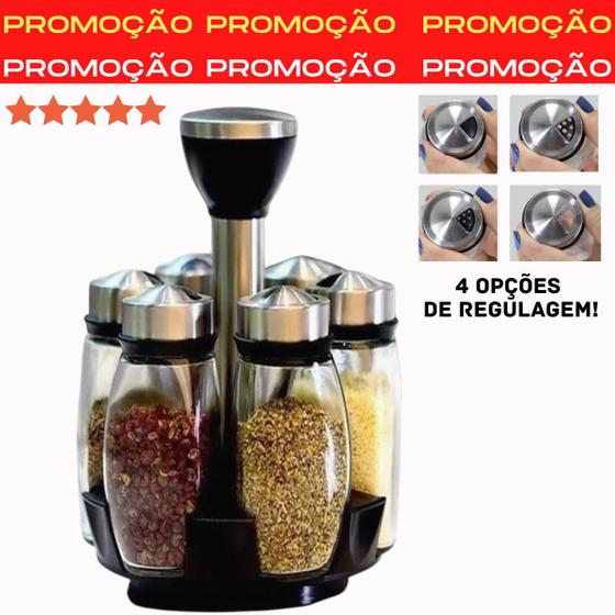Kit 6 Porta Tempero Condimento Vidro Suporte Giratório Inox Cozinha Aço ...