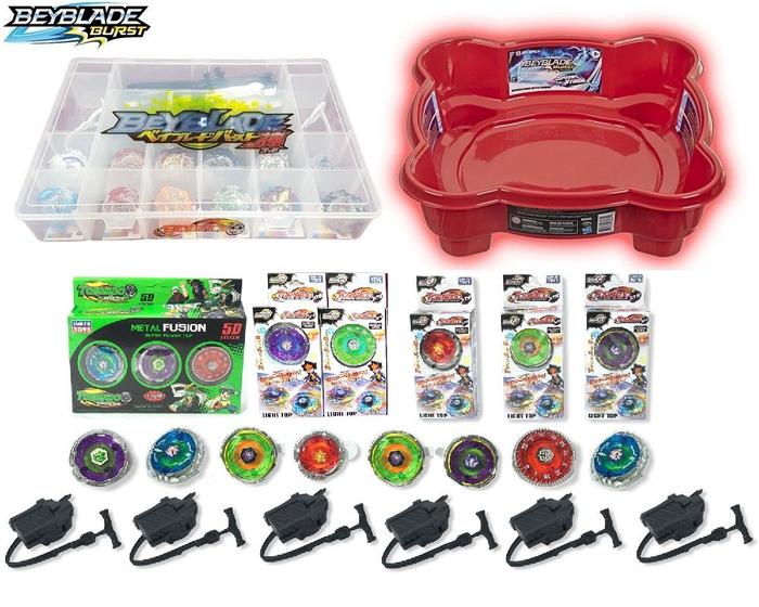 Kit 8 Beyblade C/ Luz Led + 6 Lançador + Maleta Beyblade + Arena ...