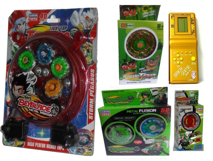 kit 8 beyblades 5 lançadores sendo 1 com som e luz mais mini game ...