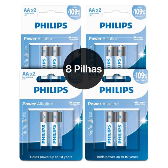Kit 8 Pilhas AA Alcalinas LR06 1.5V - Philips Power Alta Duração ...