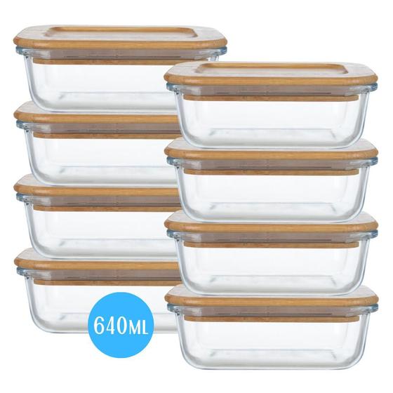Kit 8 Potes Hermético de Vidro Tampa Bambu Marmita 640ml Vasilha ...