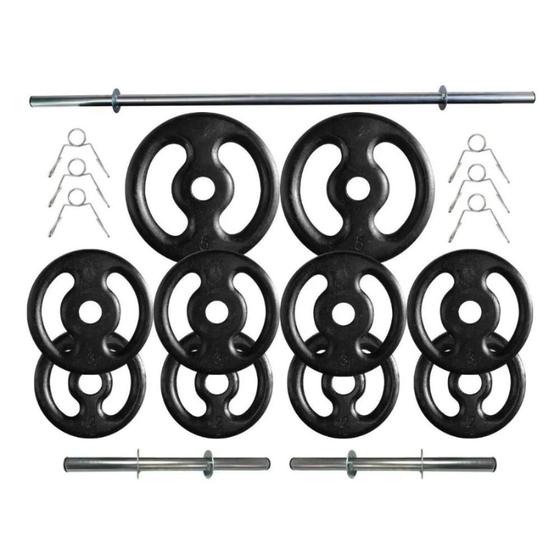 Kit Anilhas de Ferro 30 Kg + 2 Barras de 40cm + Barra de 150cm - BOX ...